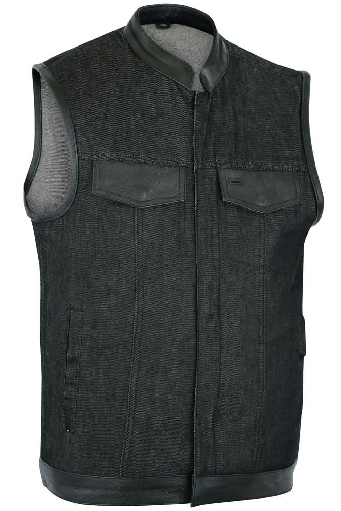 DM Men's Rough Rub-Off Raw Finish Denim Vest W/Leather Trim - Scoo ...