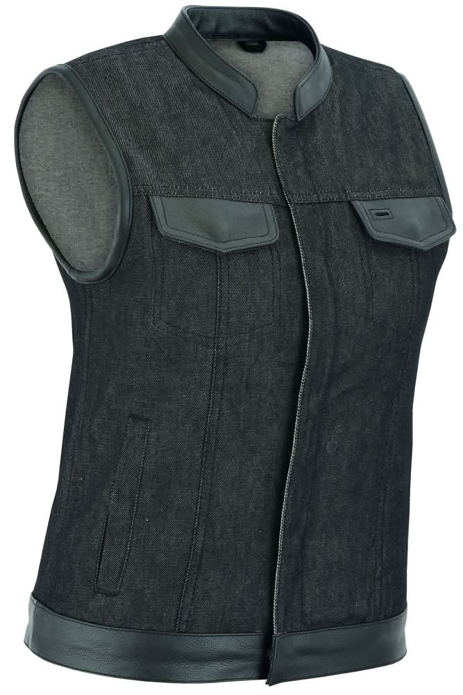 DM Women's Rough Rub-Off Raw Finish Denim Vest W/Leather Trim ...